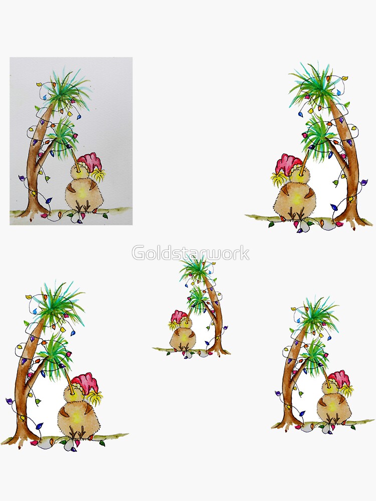 " NZ Kiwi Christmas. Kiwi bird in Xmas Santa hat with cabbage tree and ...