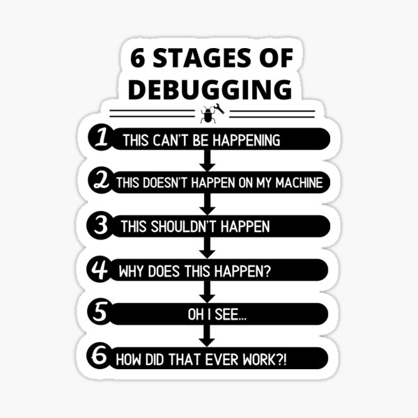 "6 Stages of debugging engineer funny quotes" Sticker for Sale by ...