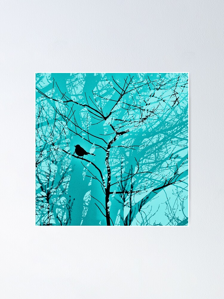 "Teal Blue Green Mockingbird in Tree Silhouette" Poster for Sale by ...