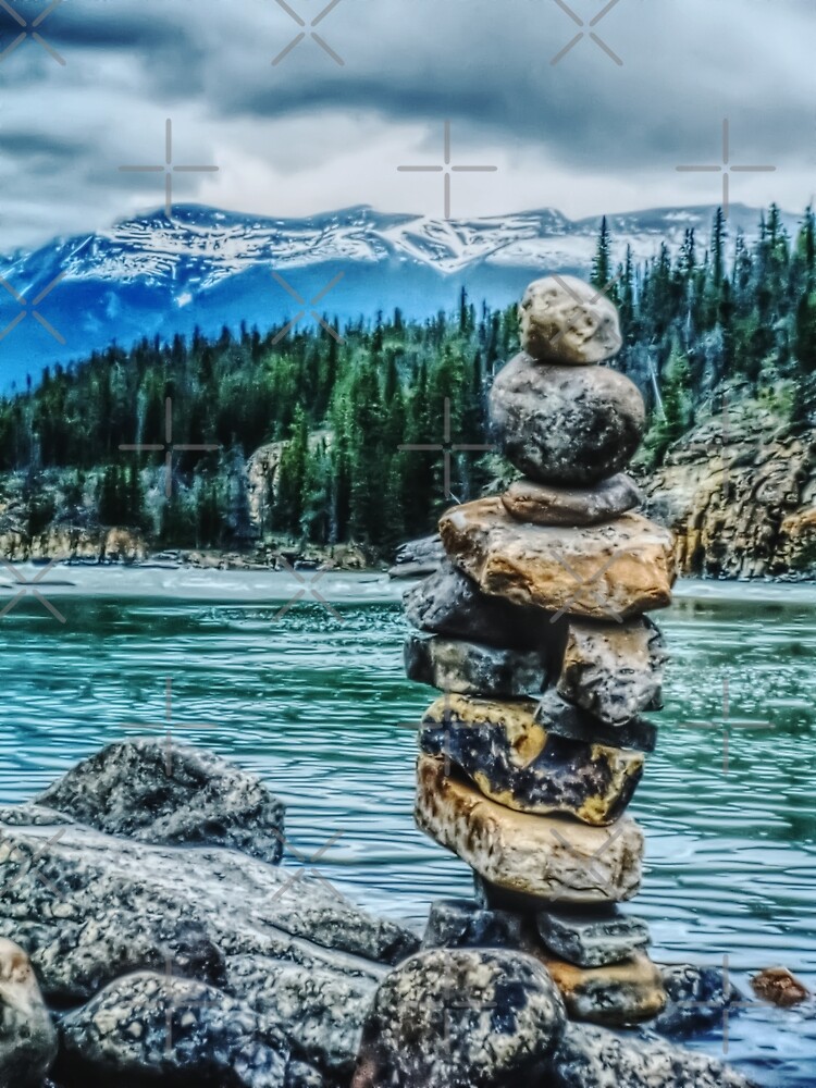 "Cairn Rock Stack by River and Mountains, Rustic Vintage Painting ...