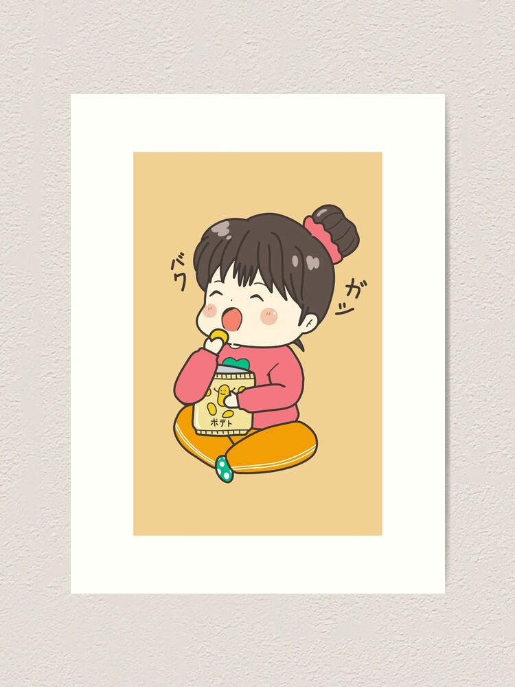 "Kawaii Drawing of an Anime Chibi Girl Relaxing Eating Chips" Art Print ...