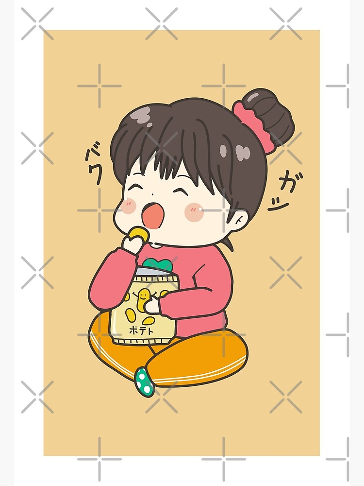 "Kawaii Drawing of an Anime Chibi Girl Relaxing Eating Chips" Art Print ...