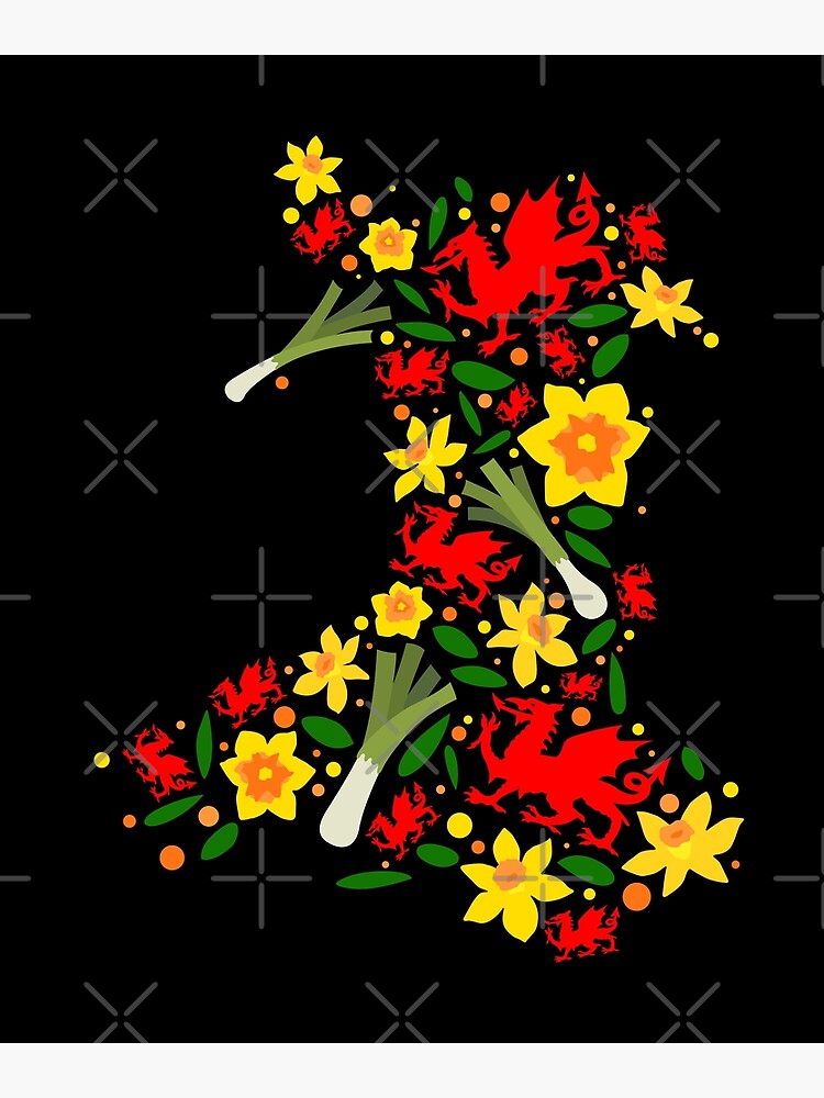 "Wales Map Welsh Dragon Daffodils Leeks Cymru St Davids Day" Art Print ...