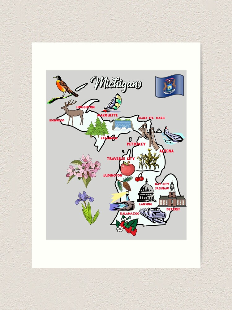 "Hand Drawn Illustration of Michigan state Map with Tourist ...