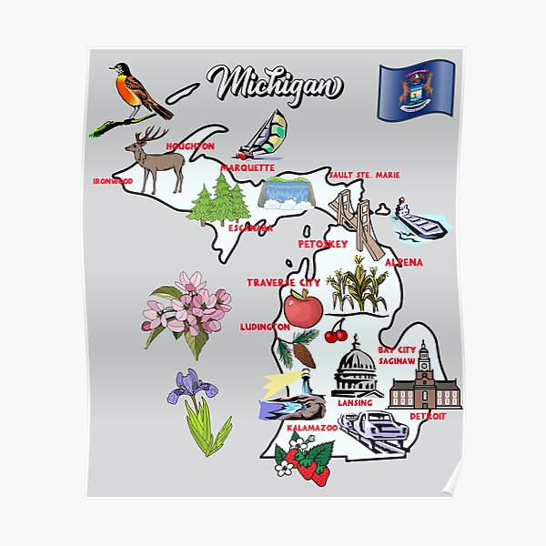 "Hand Drawn Illustration of Michigan state Map with Tourist ...