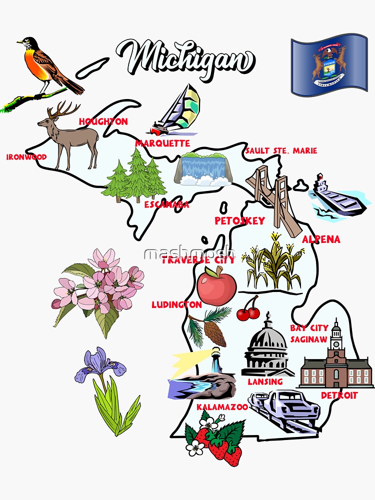 "Hand Drawn Illustration of Michigan state Map with Tourist ...
