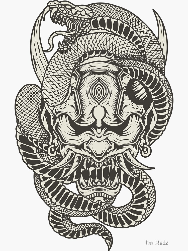 "Red Oni Mask with Snake Monochrome Style" Sticker for Sale by NNzStore ...