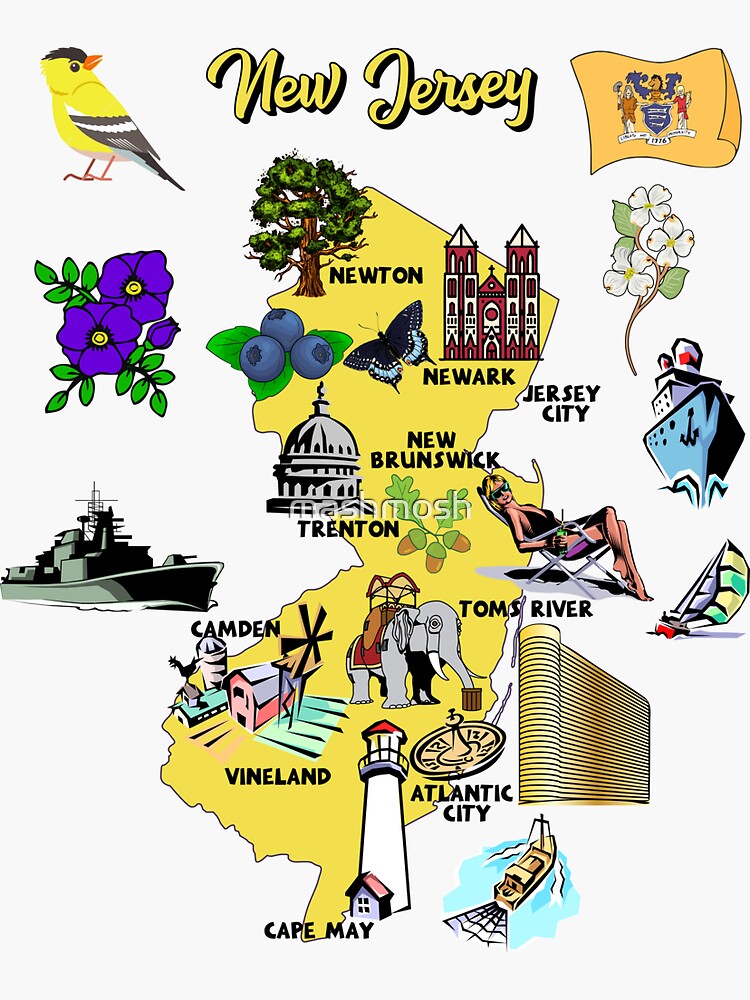 "Hand Drawn Illustration of New jersey state Map with Tourist ...