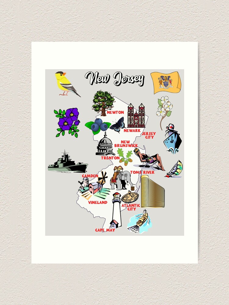 "tourist map of New jersey state, USA, major cities, flag, landmarks ...