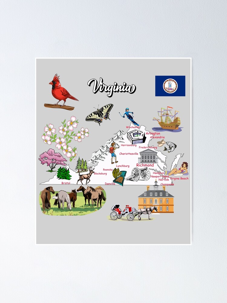 "tourist map of Virginia state, USA, major cities, flag, landmarks ...