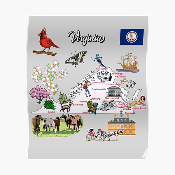 "tourist map of Virginia state, USA, major cities, flag, landmarks ...