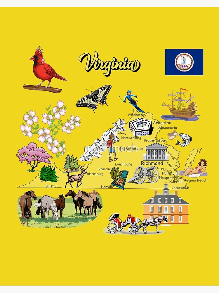 "Virginia state tourist map with landmarks, flag and famous symbols ...