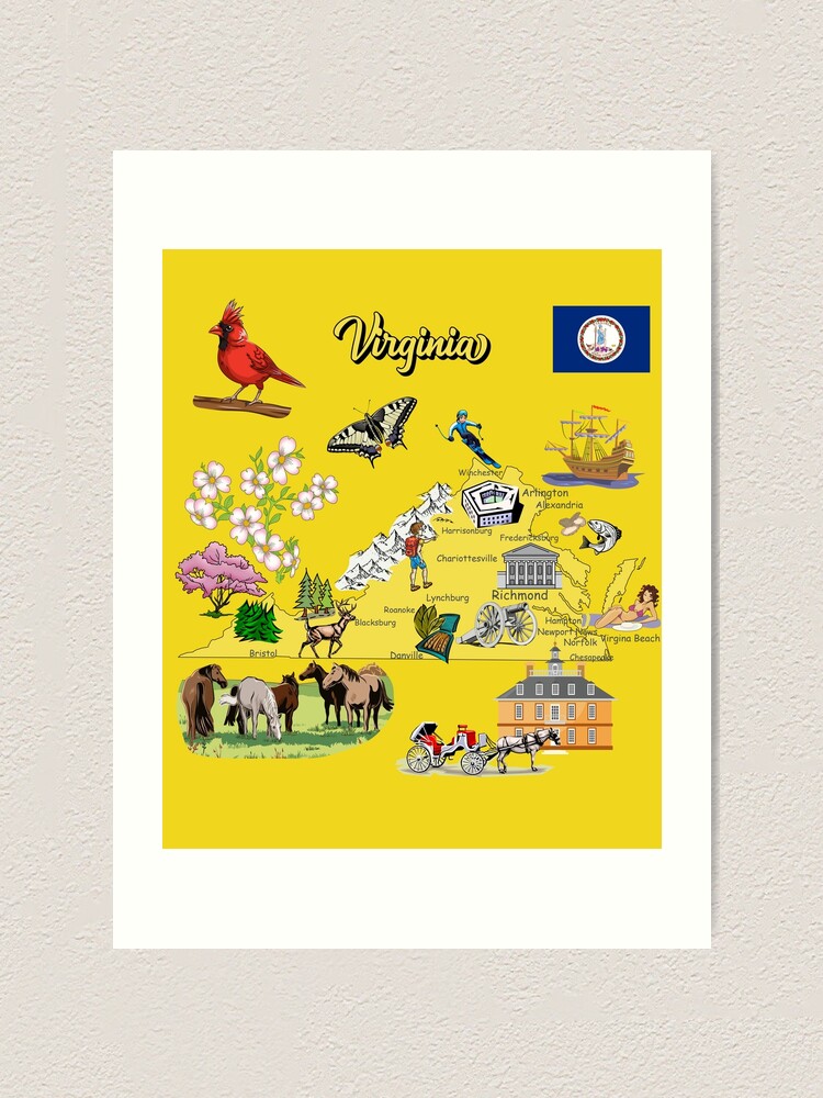 "Virginia state tourist map with landmarks, flag and famous symbols ...