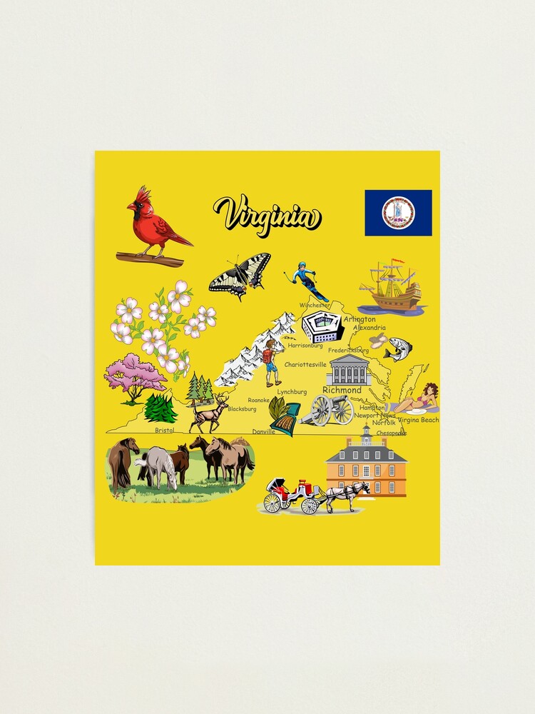 "Virginia state tourist map with landmarks, flag and famous symbols ...