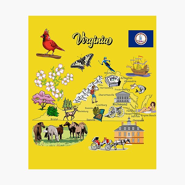 "Virginia state tourist map with landmarks, flag and famous symbols ...
