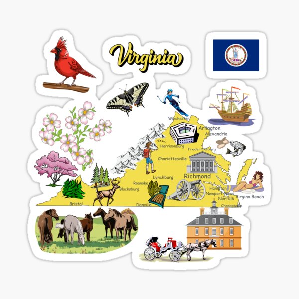 "Virginia state tourist map with landmarks, flag and famous symbols ...