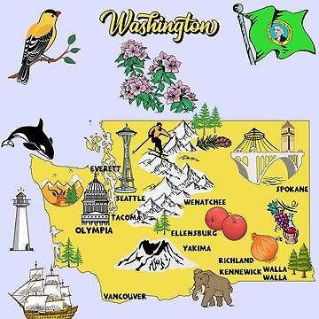 "Hand Drawn Illustration of Washington state Map with Tourist ...