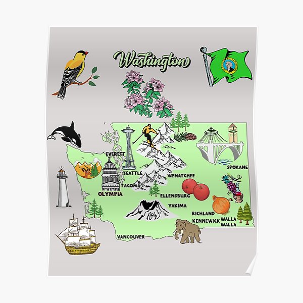"Washington tourist map with landmarks, flag and famous symbols, USA ...