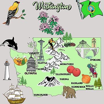 "Washington tourist map with landmarks, flag and famous symbols, USA ...