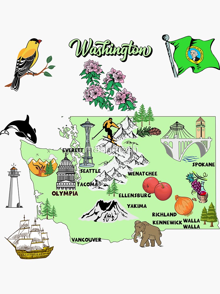 "Washington tourist map with landmarks, flag and famous symbols, USA ...