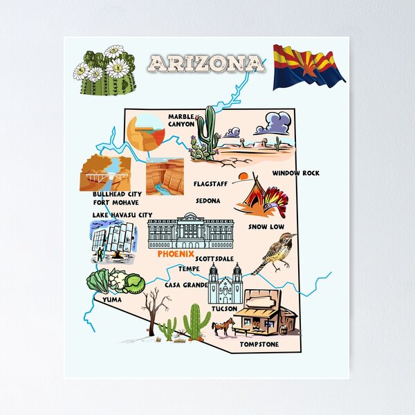 "Hand Drawn Illustration of Arizona state Map with Tourist Destinations ...