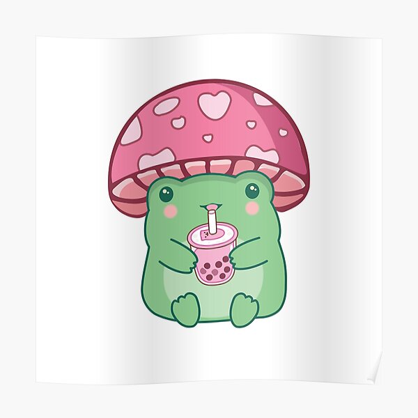 "Kawaii Frog Mushroom Hat Drinking Pink Strawberry Boba Tea" Poster for ...