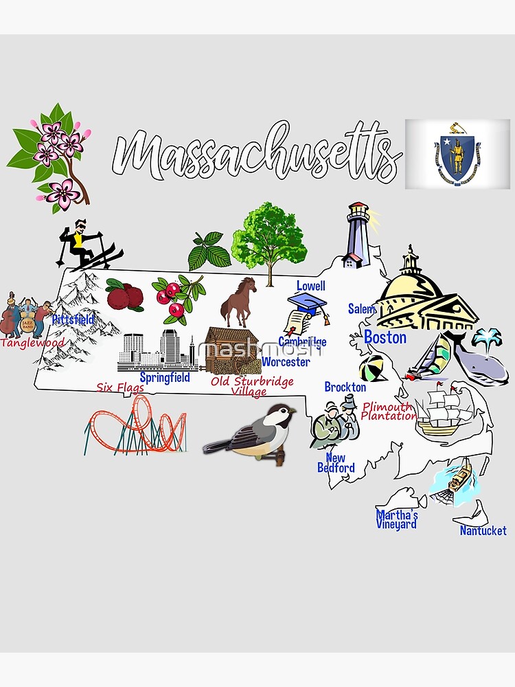 "Hand Drawn Illustration of Massachusetts Map with Tourist Destinations ...