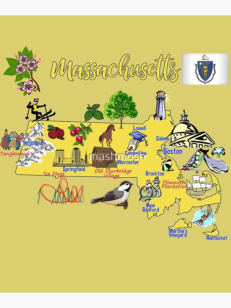 "tourist map of Massachusetts state, USA, major cities, flag, landmarks ...