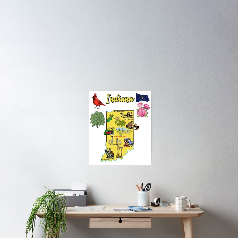 Póster «Mapa del estado de Indiana con las principales ciudades ...