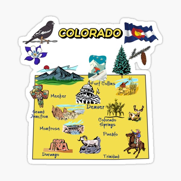 "tourist map of Colorado state, USA, major cities, flag, landmarks ...