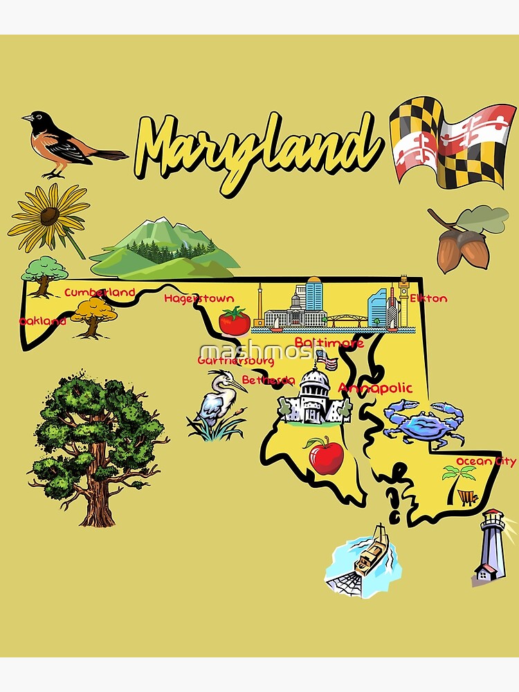 "Hand Drawn Illustration of Maryland Map with Tourist Destinations ...