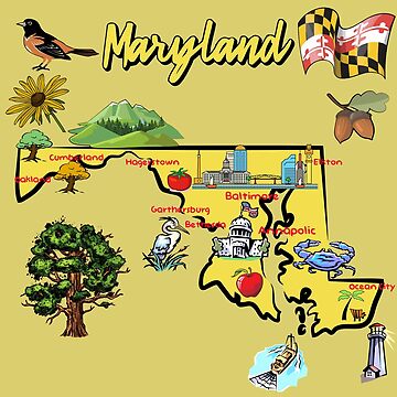"Hand Drawn Illustration of Maryland Map with Tourist Destinations ...