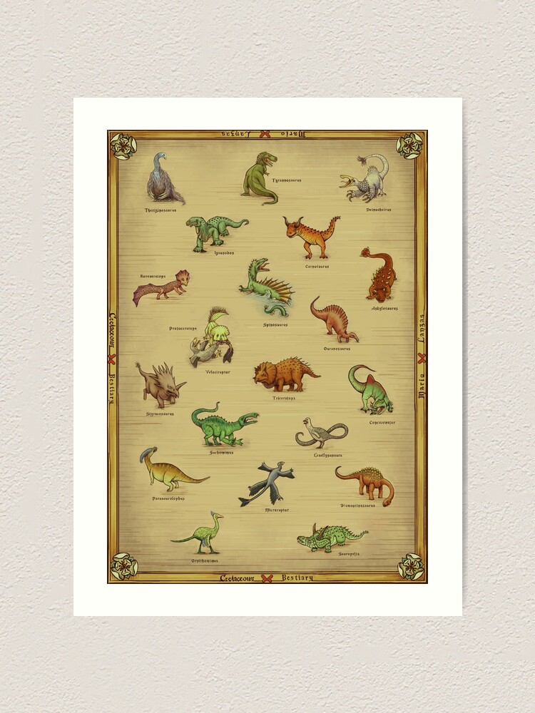 "Cretaceous Dinosaurs Bestiary (Medieval Style)" Art Print by Mario de ...