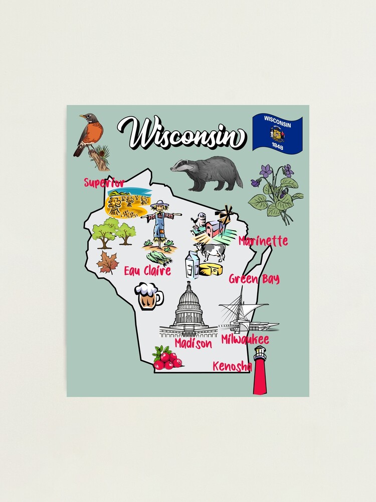 1960s State Map Of Wisconsin Landmarks Icons Flower Bird Ozaukee