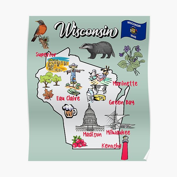 "Hand Drawn Illustration of Wisconsin Map with Tourist Destinations ...