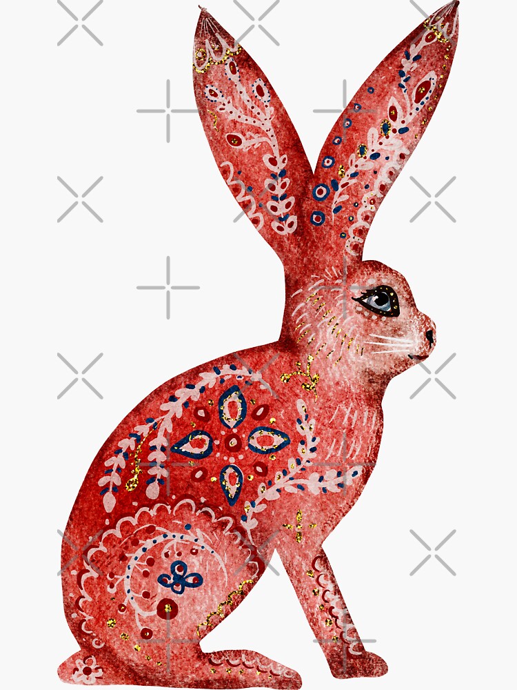 "Red Rabbit, Folk Art Painting" Sticker by Teelion | Redbubble