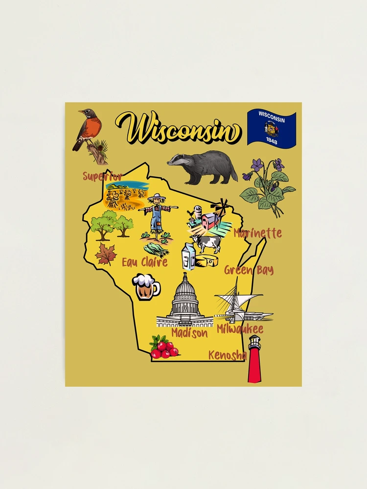 1960s State Map Of Wisconsin Landmarks Icons Flower Bird Ozaukee