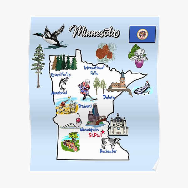 "illustrated Map of Minnesota state in US with Cities and symbols ...