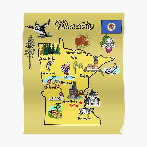 "tourist map of Minnesota state, USA, major cities, flag, landmarks ...