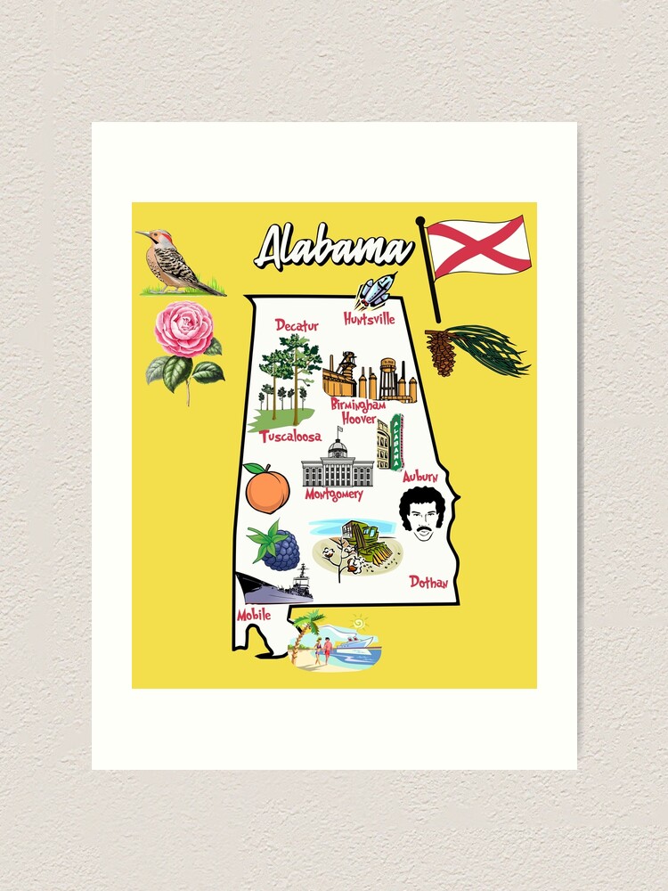 "illustrated Map of Alabama in US with major Cities, symbols and ...