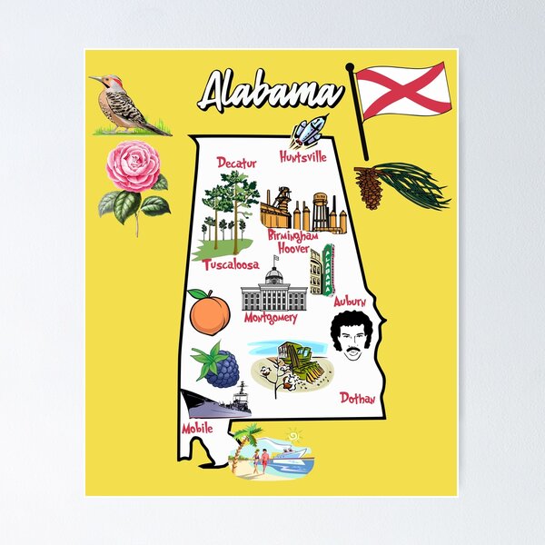 "illustrated Map of Alabama in US with major Cities, symbols and ...