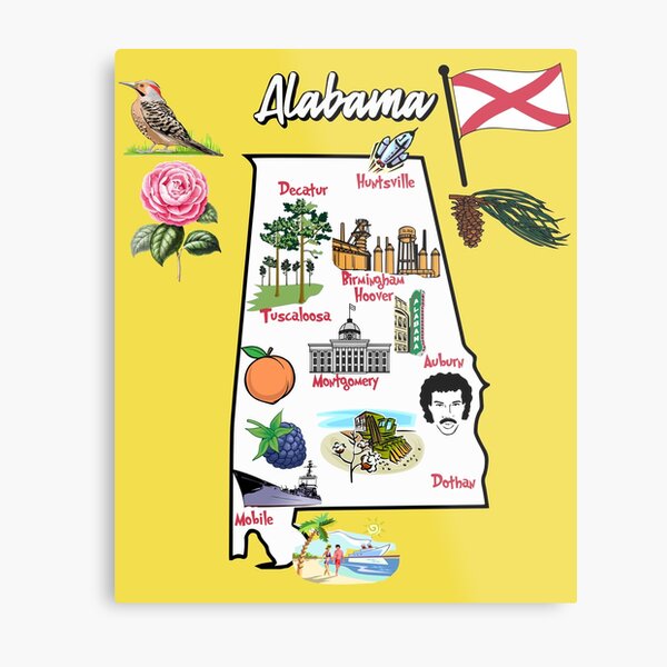 Lámina metálica «Mapa ilustrado de Alabama en EE. UU. con las ...