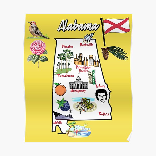 "illustrated Map of Alabama in US with major Cities, symbols and ...