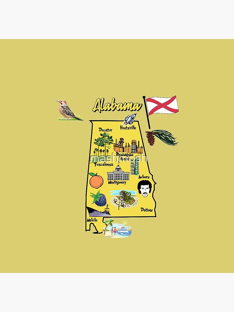 "Alabama tourist map with landmarks, famous symbols, attractions, USA ...