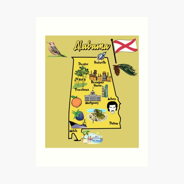 "Alabama tourist map with landmarks, famous symbols, attractions, USA ...