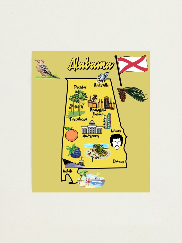 "Alabama tourist map with landmarks, famous symbols, attractions, USA ...