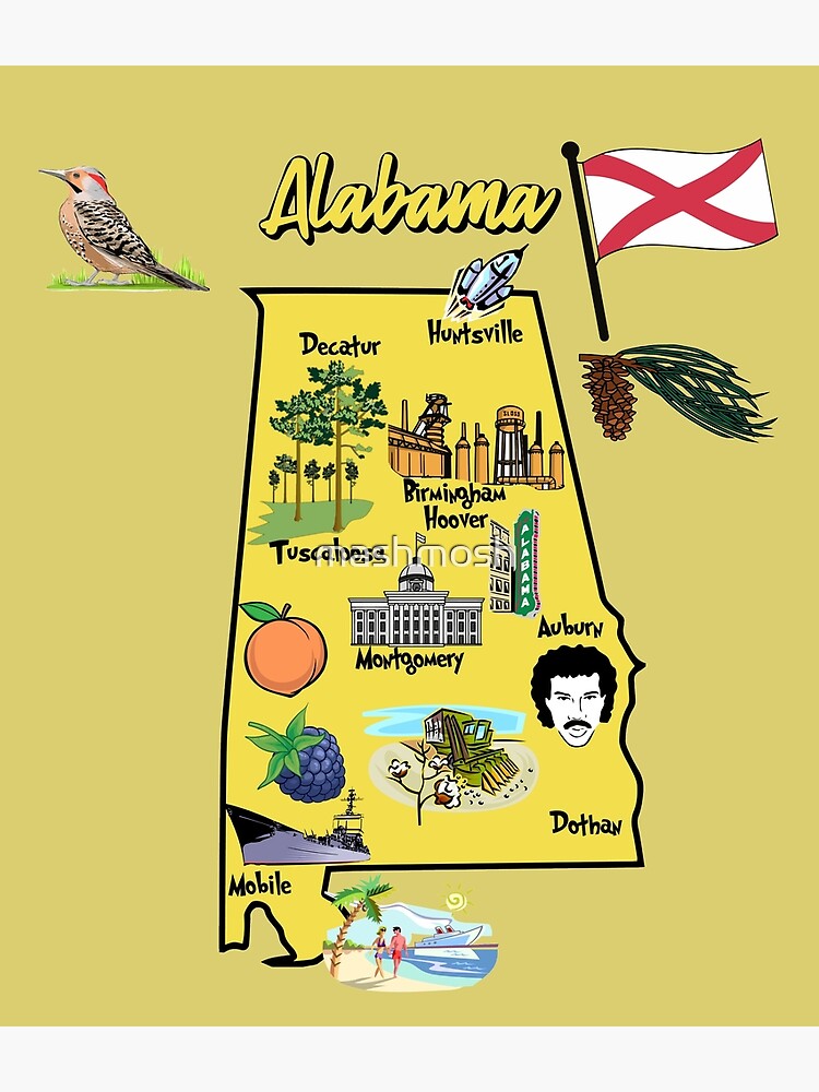 "Alabama tourist map with landmarks, famous symbols, attractions, USA ...