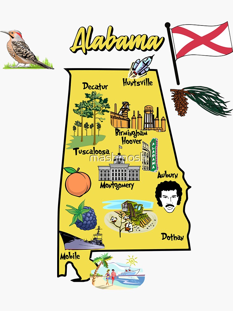 "Alabama tourist map with landmarks, famous symbols, attractions, USA ...