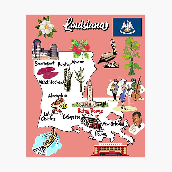 "illustrated Map of Louisiana in US with major Cities, symbols and ...