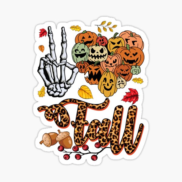 "Halloween Fall Leopard Print Peace Sign Skeleton Hand" Sticker for ...